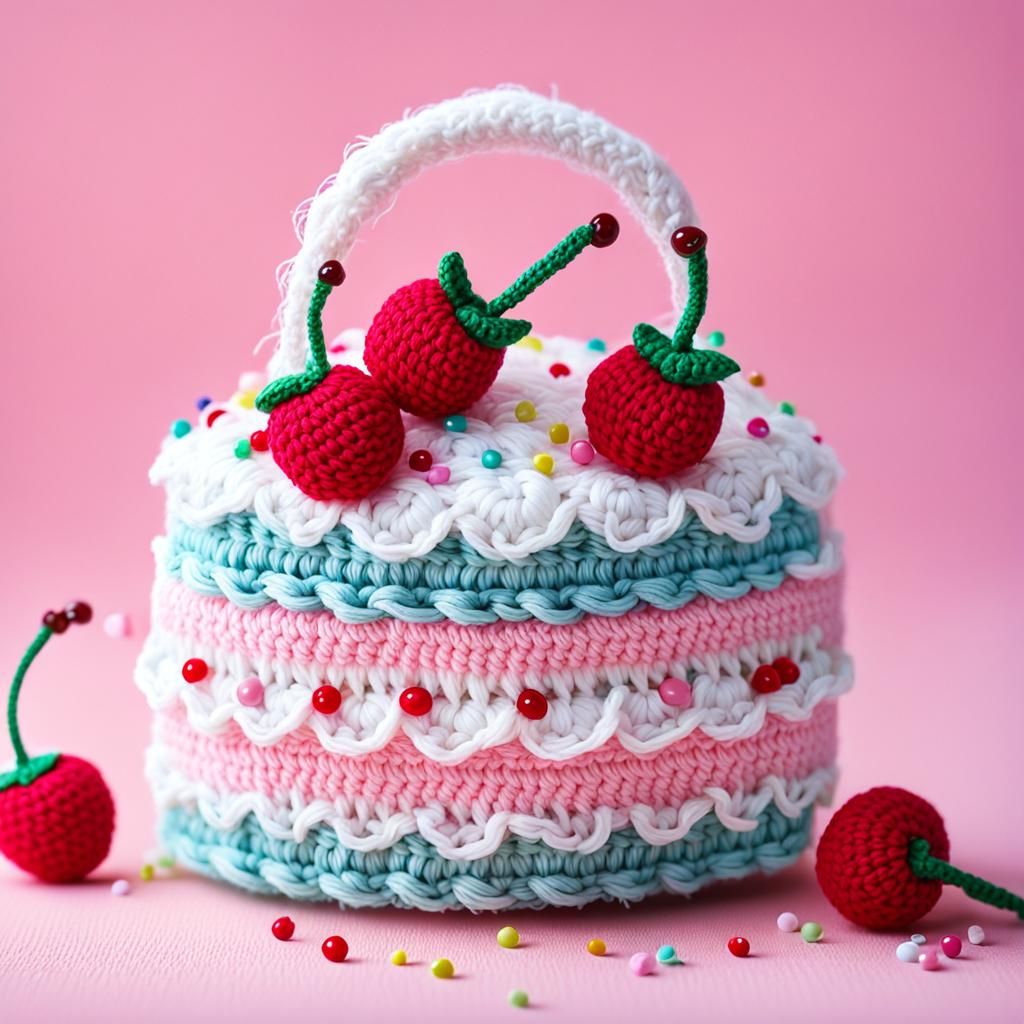 a beautiful pink and white crochet cake purse with a crochet cherry and ...