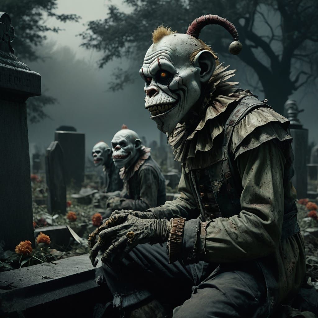 Zombie Monkey Monster Clown Family In The Cemetery