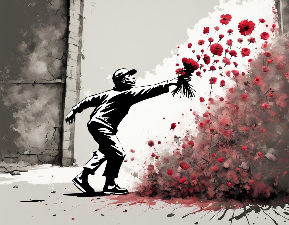 Homage to Banksy"Rage, Flower Thrower" (2003) : a protester preparing ...