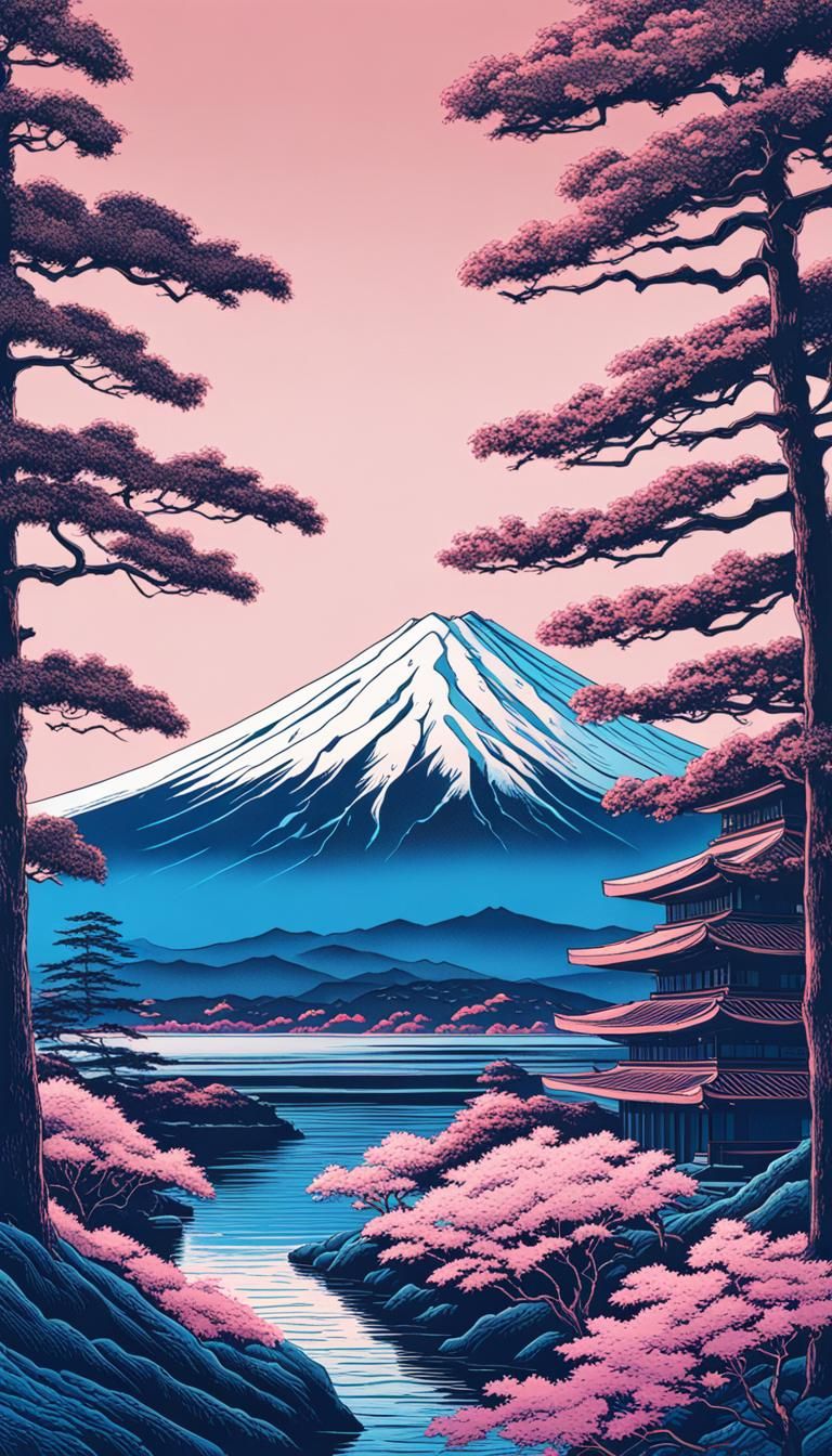 vaporware aesthetic Japan wood block print Mt Fuji early morning blue ...