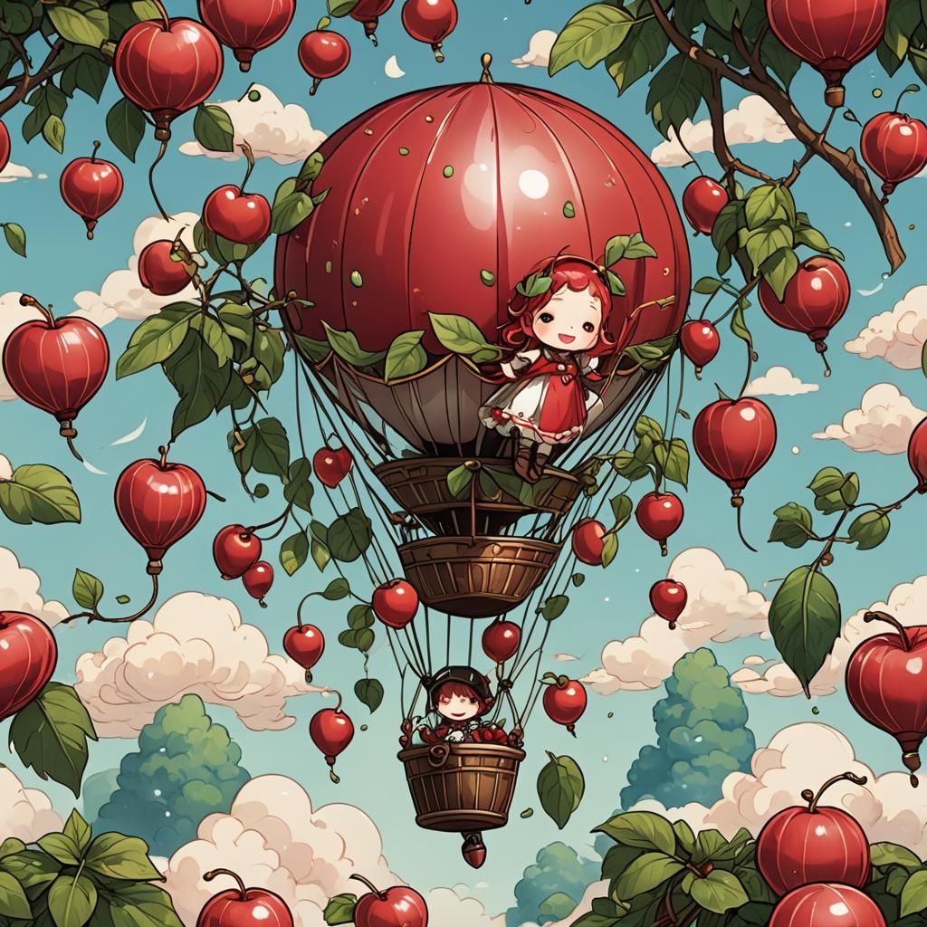 A plump Chibi cherry, its bright red skin glistening with dewdrops ...