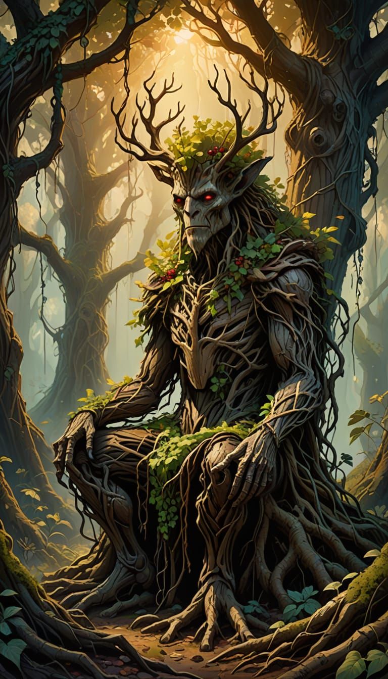 a treant sitting on a throne of roots, elder tree, elderberry, artwork ...