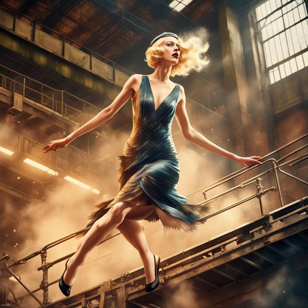 beautiful blonde flapper falling from a catwalk in a factory, roaring ...