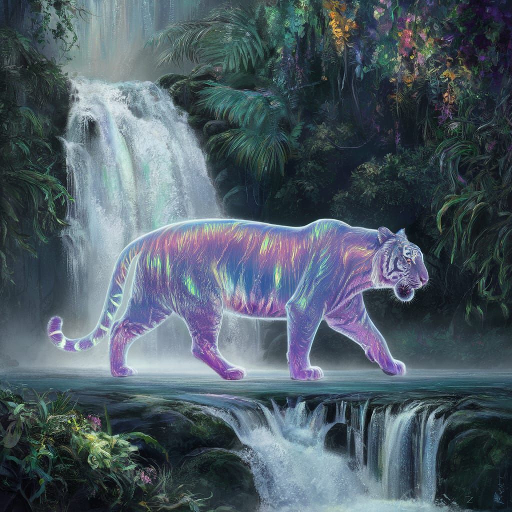 Holographic prismatic poly Tiger near waterfall in the rainforest - AI Generated Artwork ...