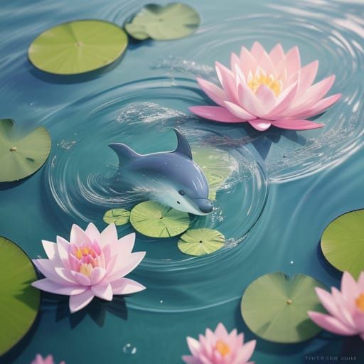 Cute Dolphin Peeks Out from Water Lily Petal in a ... - AI Art