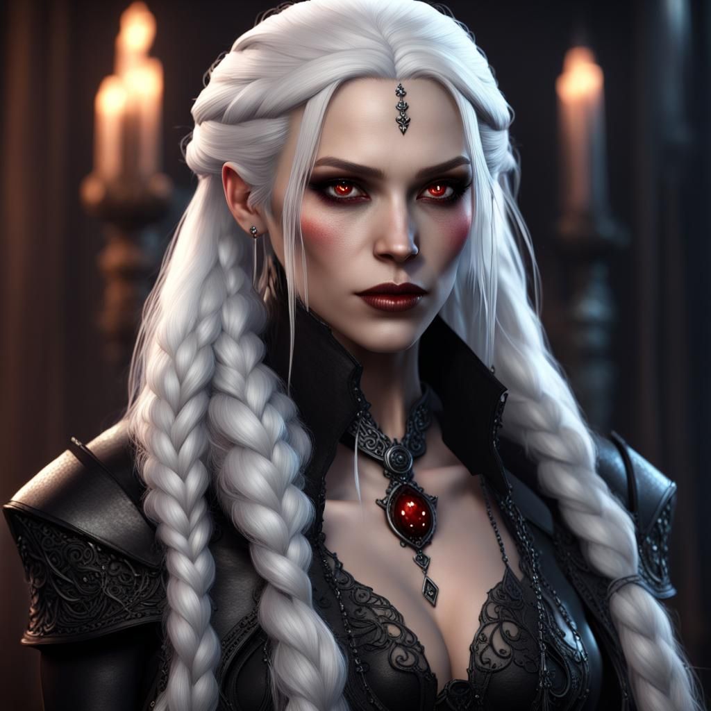 female vampire changeling, long white hair in a braid, wearing black ...