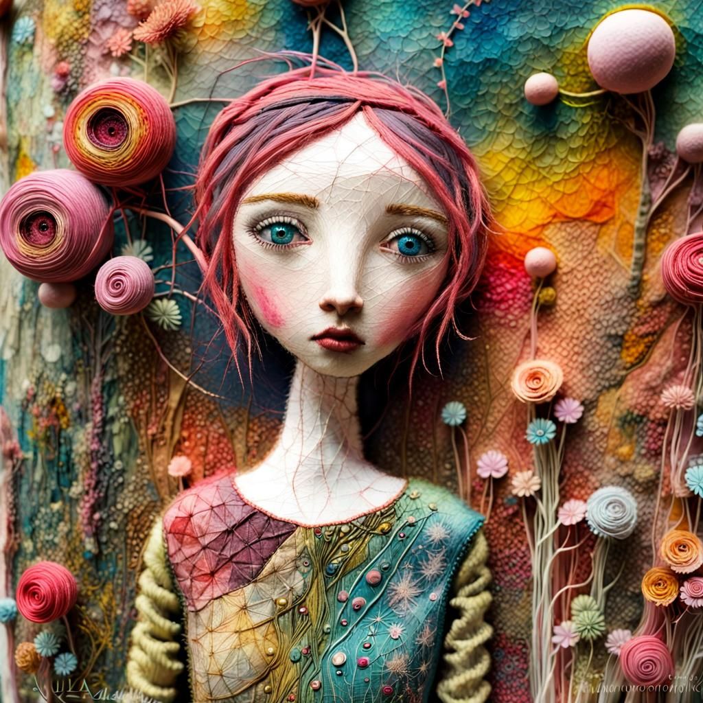 Surreal structured mixed media textile art, embroidered Whimsical scene ...