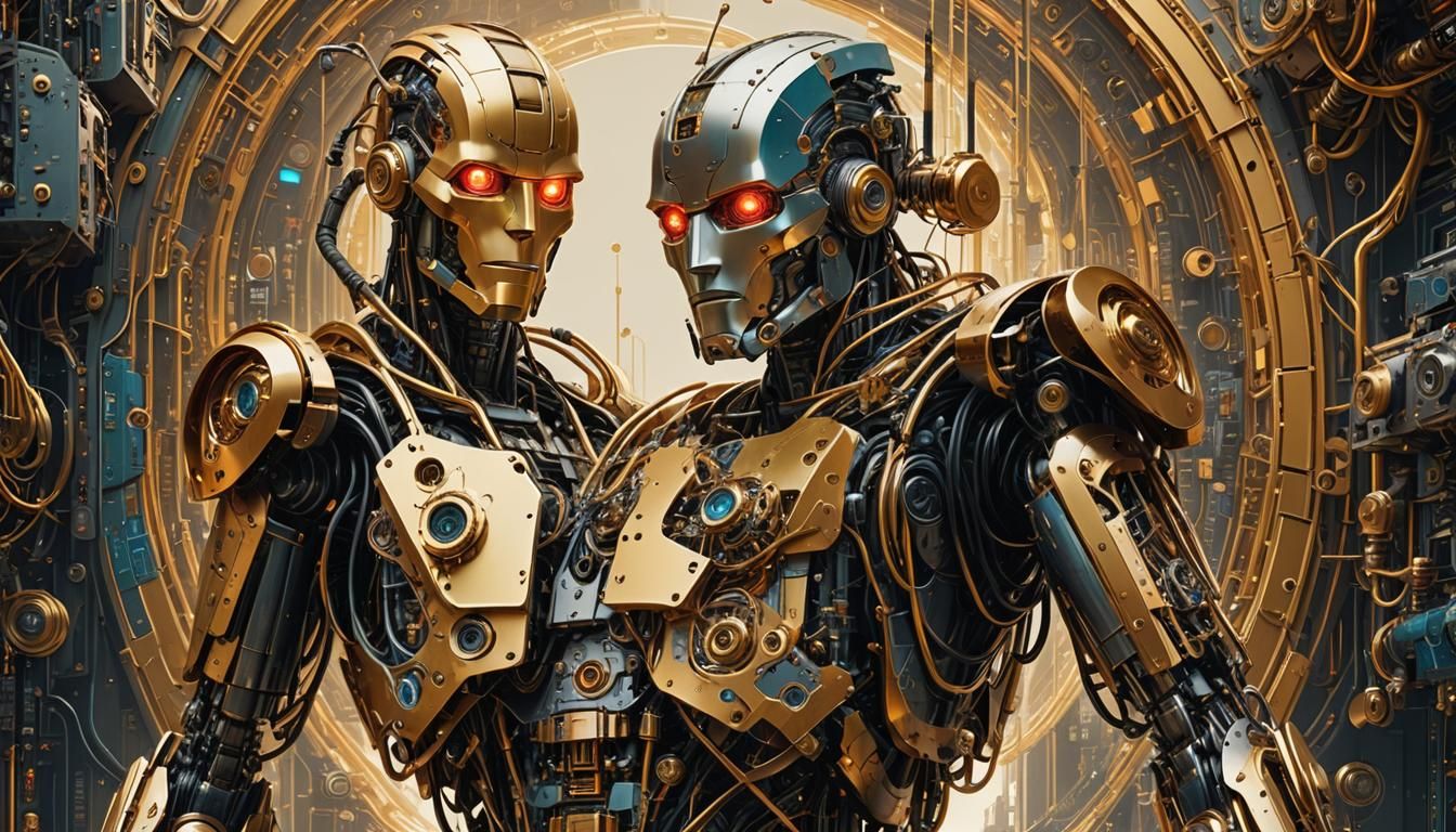 Robot, standing confidently, fusing the styles of Beeple and Jean ...