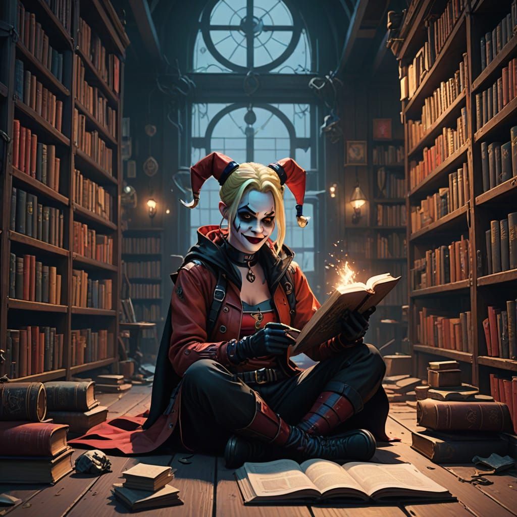 harley quinn reading a magic book - Jester Queen in Mystical...