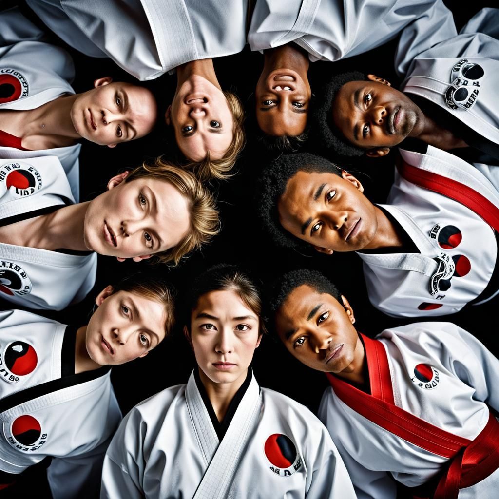 A powerful taekwondo group shot emphasizing unity and strength. Keywords: Community, Unity ...