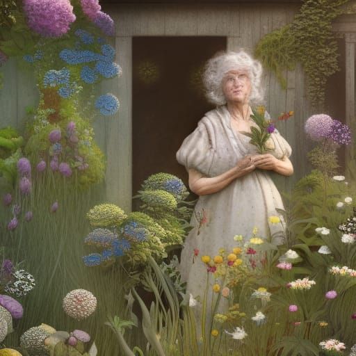 Grandmother in a cottage garden with plants and wildflowers, fairyland ...