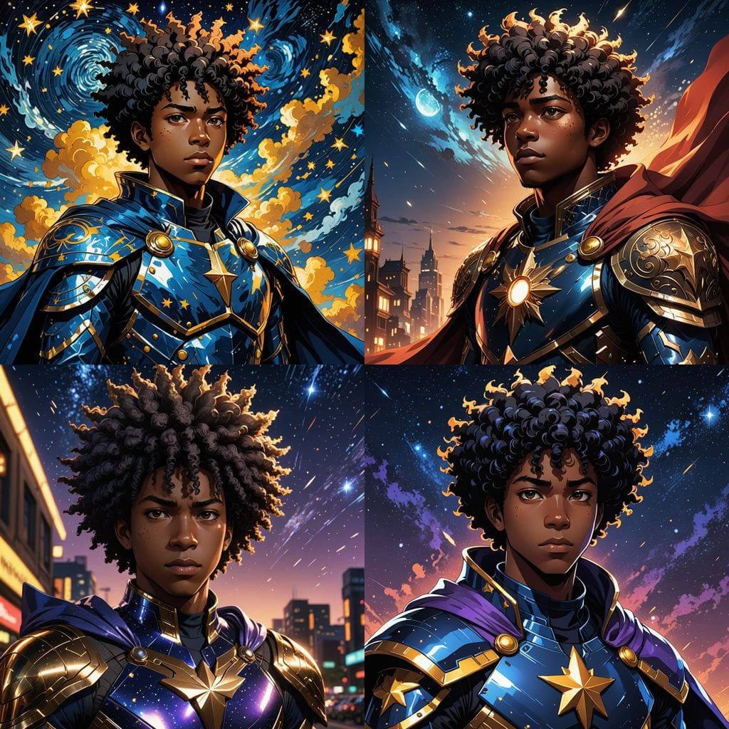African American Teenager in Starry Night Armor an... - AI Art