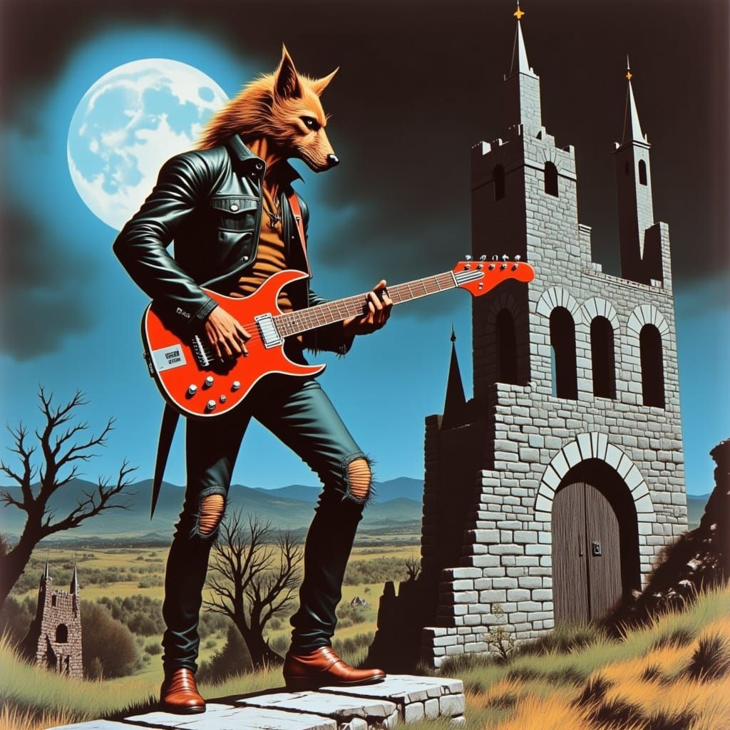 Medieval Werewolf Plays Guitar on Ruined Castle Pa... - AI Art