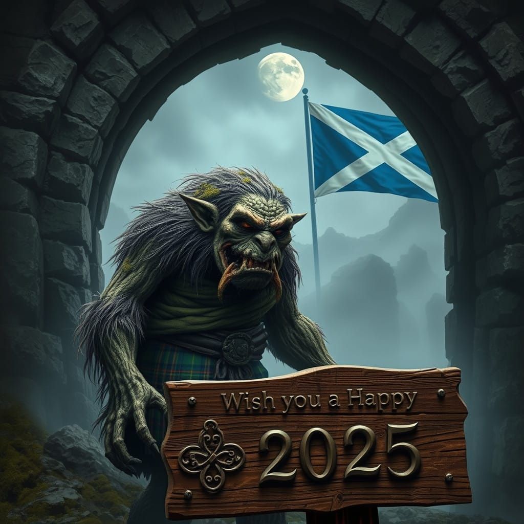 Scottish Troll Greets Beneath Ancient Stone Bridge... - AI Art