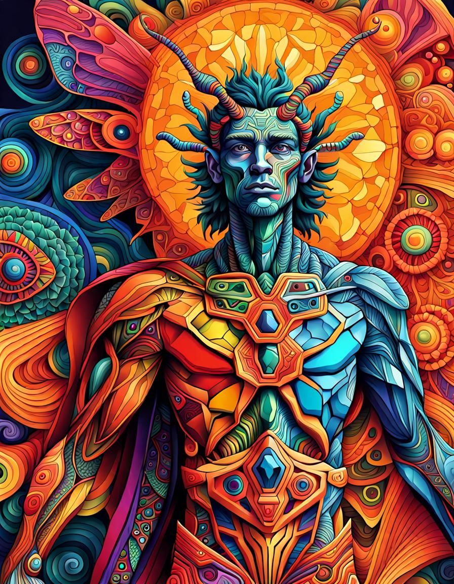 (Hyper detailed portrait of a handsome humanoid insect man in psychedelic strong colors:1,8 ...