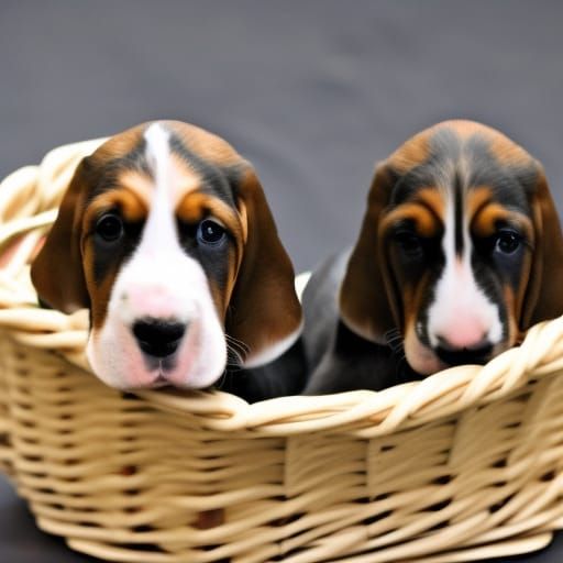 basset hound puppies in a basket - AI Generated Artwork - NightCafe Creator