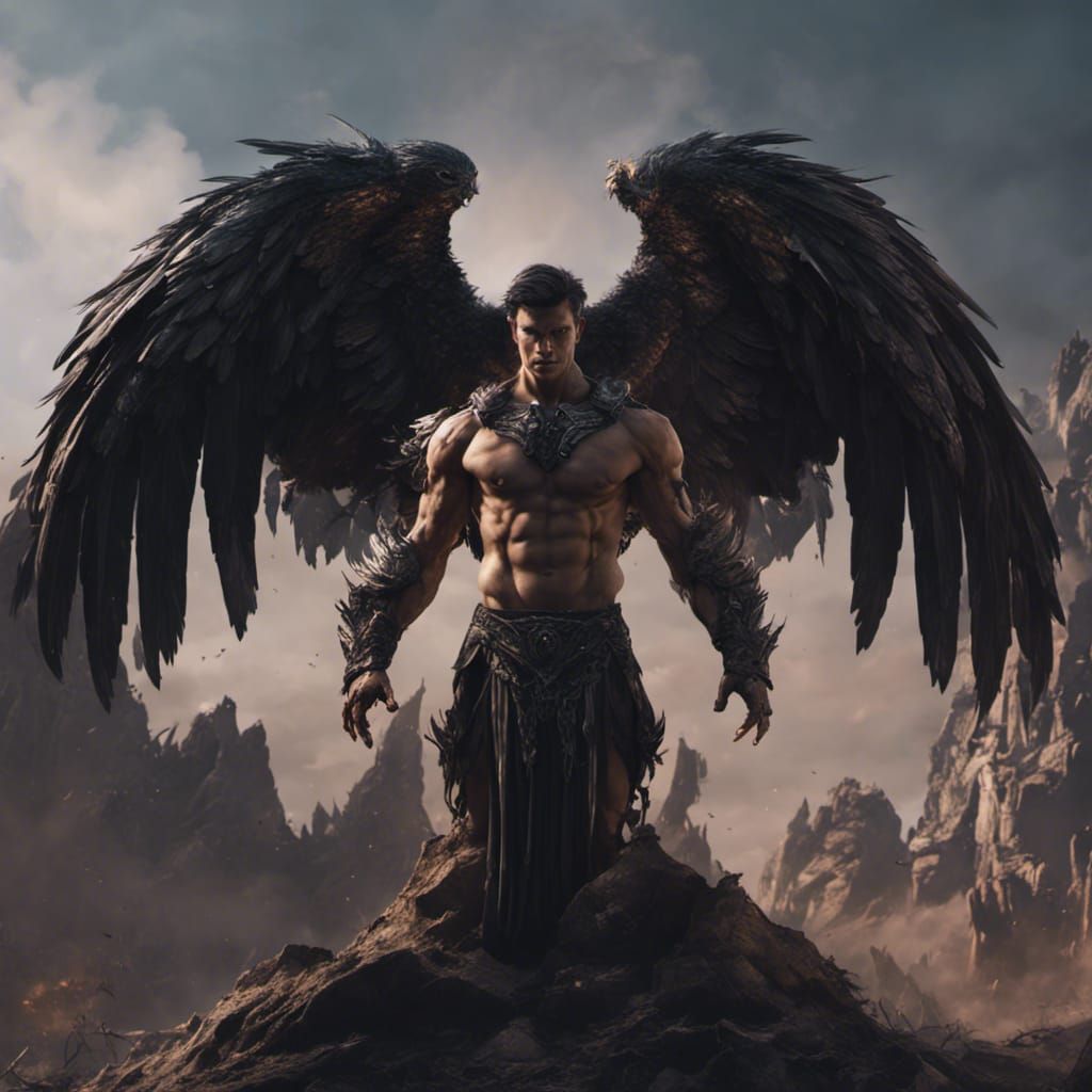 A strong athletic fallen angel with huge black wings - AI Generated ...