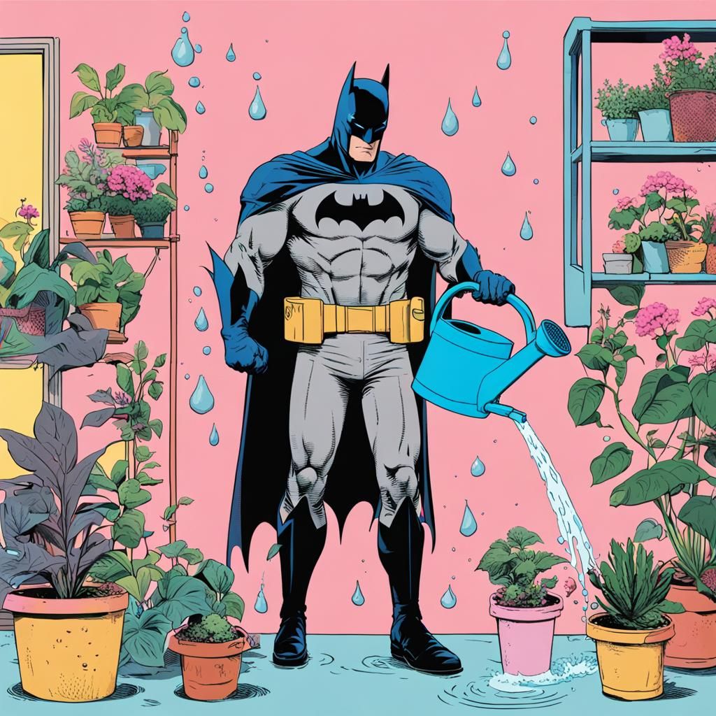 Batman watering plants - AI Generated Artwork - NightCafe Creator