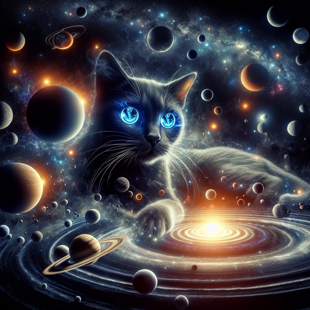 An epic galactic cat with eyes like black holes, the planets moons and ...