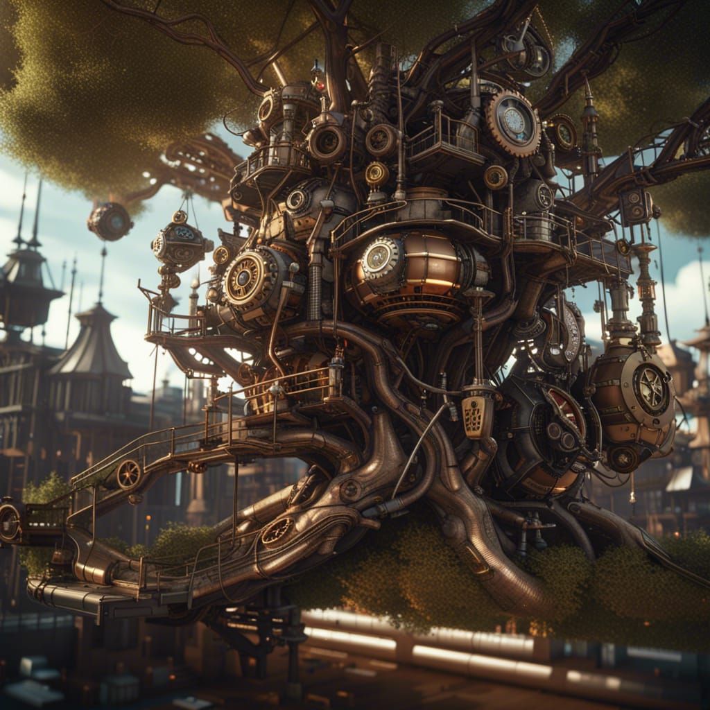 steampunk tree with houses on it's branches intricate mech details, ground level shot, 8K ...