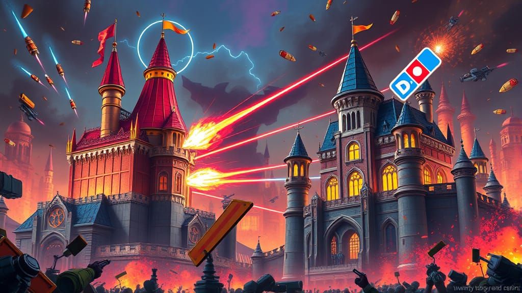 a war between 2 pizza themed castles. make the pizza obvious and show projectiles and beam ...