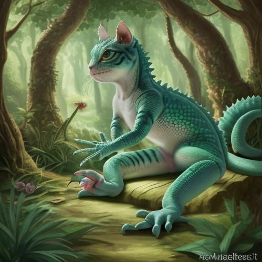 half-kitten half-lizard cute being in magic forest - AI Generated ...