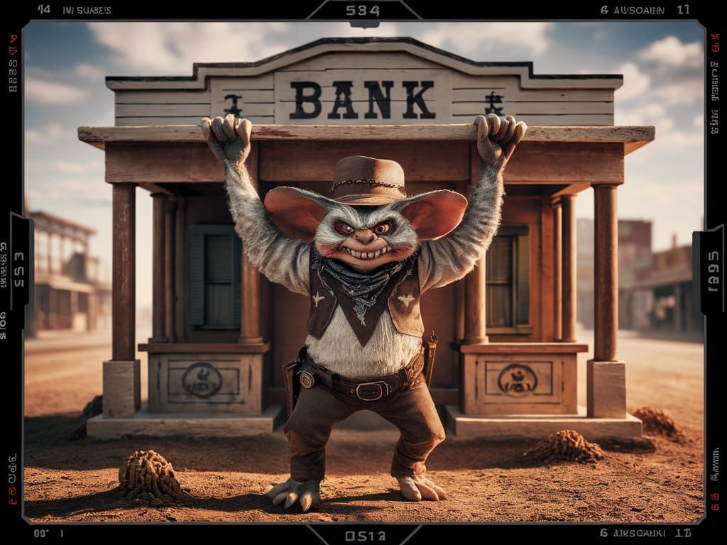 Gremlin cowboy outlaw, holding up a wild-west-style bank, professional ...