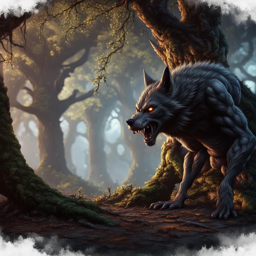 Werewolf hiding behind a tree ready to attack to ambush prey - AI ...