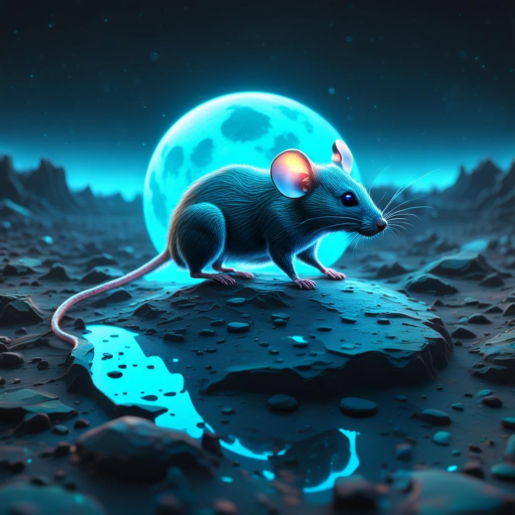 Hologram of translucent neon mouse on translucent moon surface in a ...