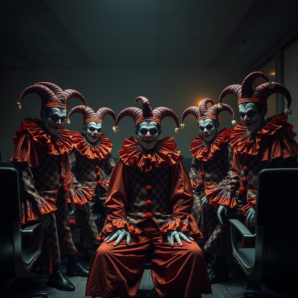 Spectacular Jesters in Office: A Vibrant, Moody Sc... - AI Art