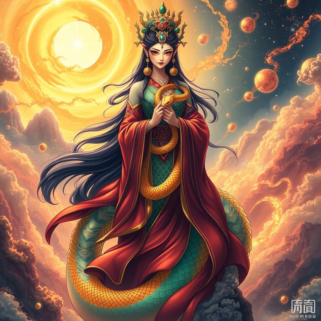 Nüwa Year of the Snake - Celestial Snake Goddess in Golden D...