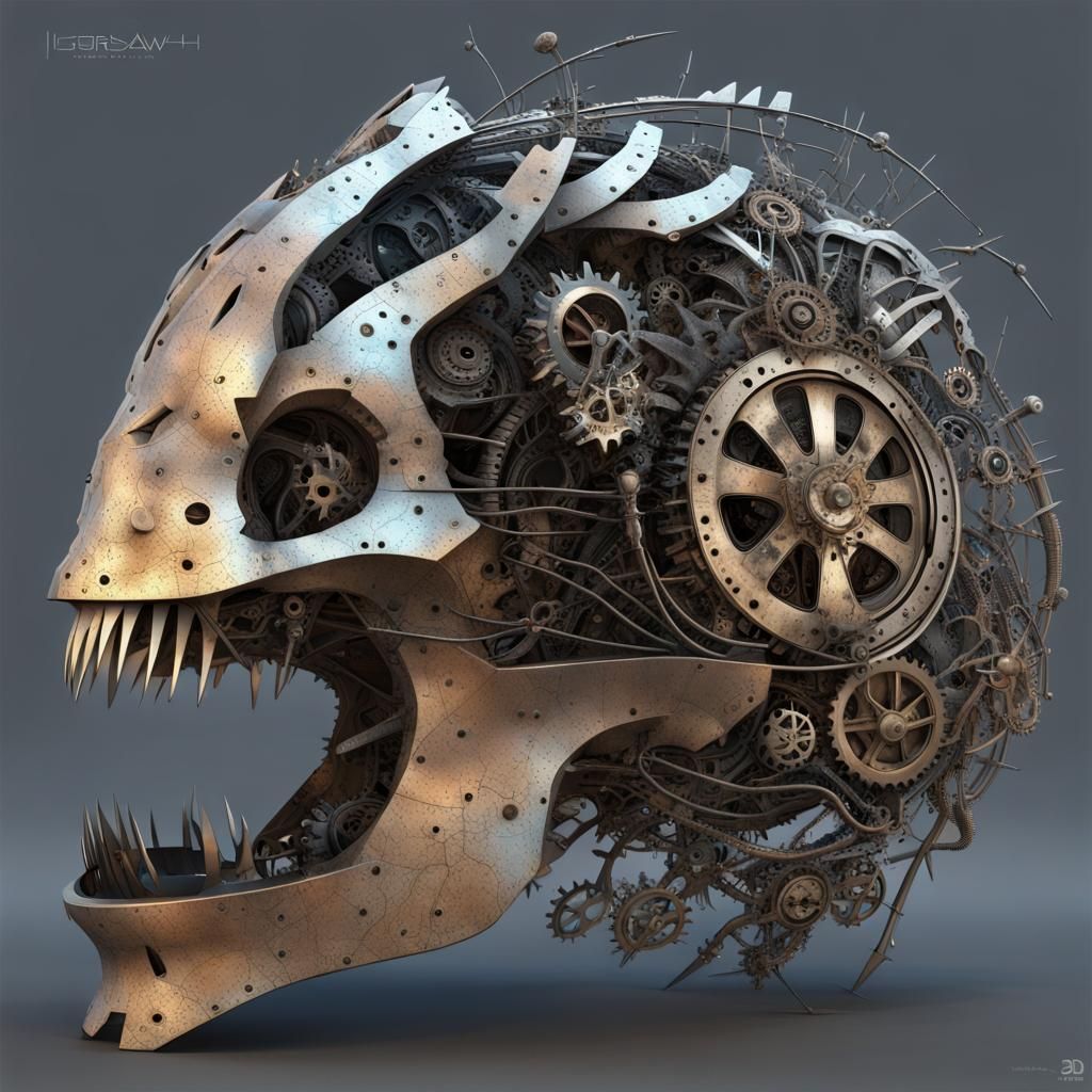 Scrap metal dragon brain Schematic , cogs and shattered glass, obsolete ...