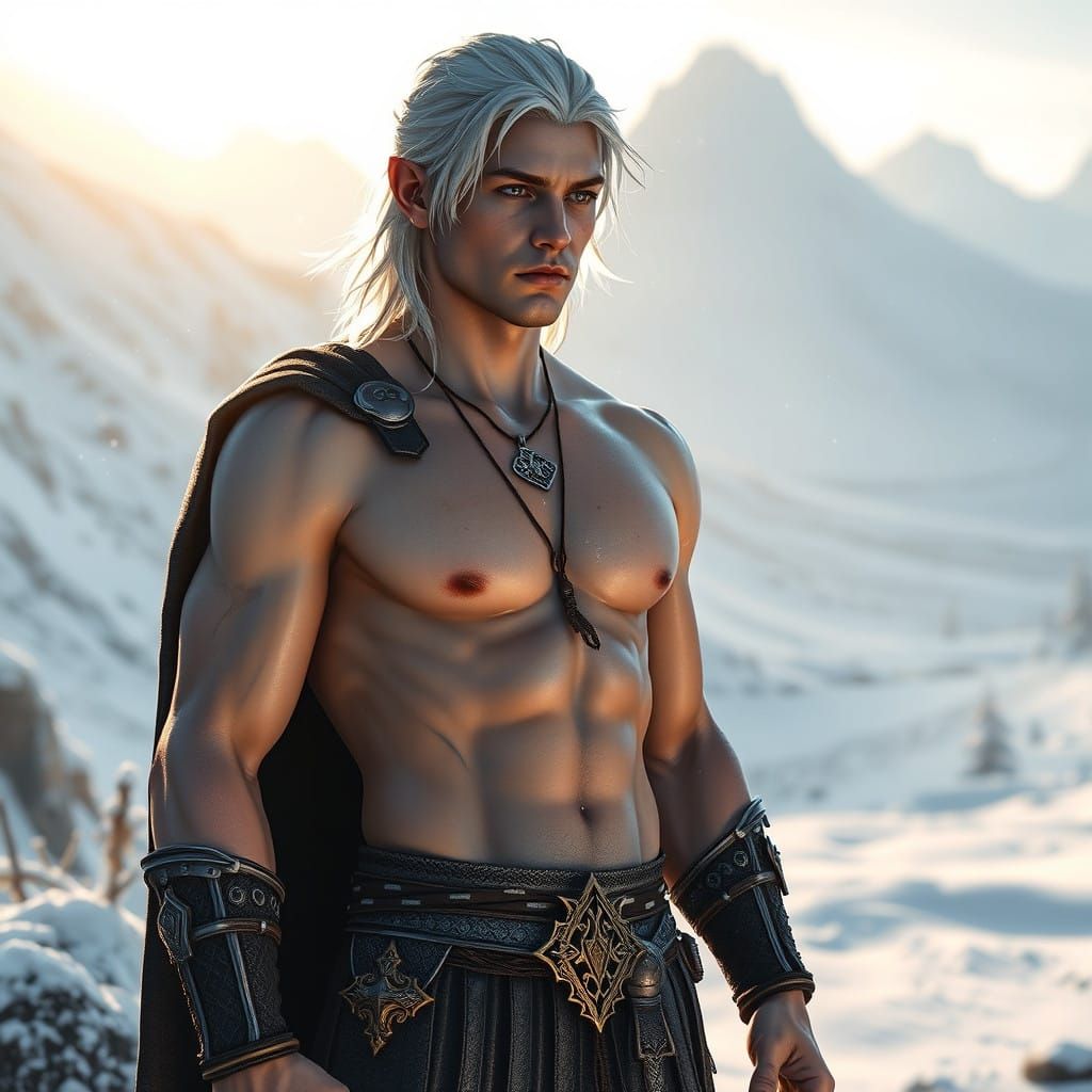 Snow Elf Spellsword in Serene Skyrim Wilderness - AI Art