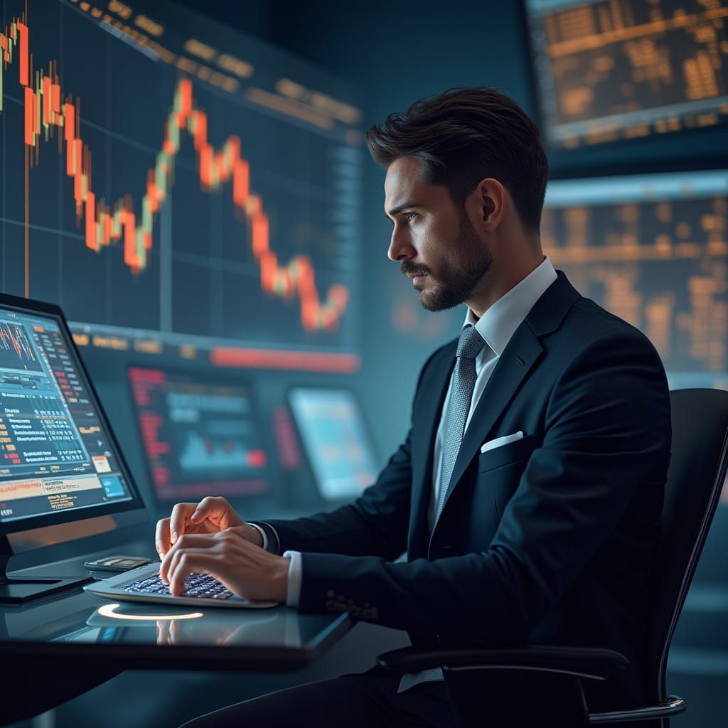 Cyberpunk Trader in High-Tech Command Center - AI Art