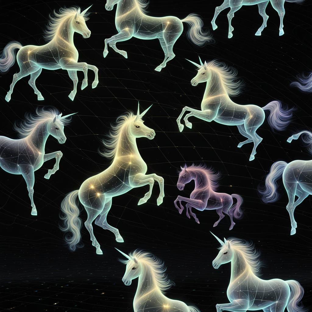Star constellations map Ghost unicorn Fractals high resolution Glowing hologram unicorn on a ...