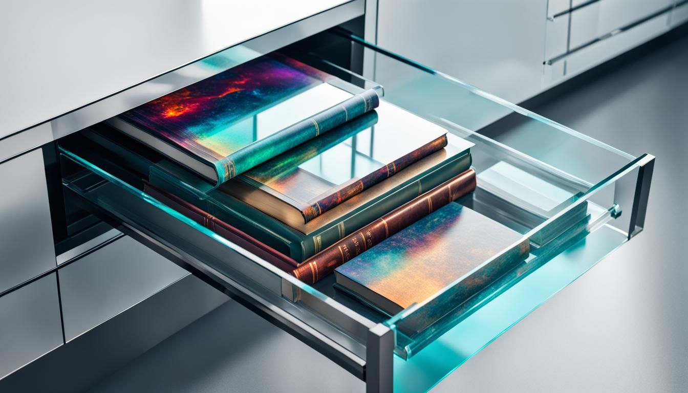A resplendent, gorgeous, glass drawer containing pack of books ...