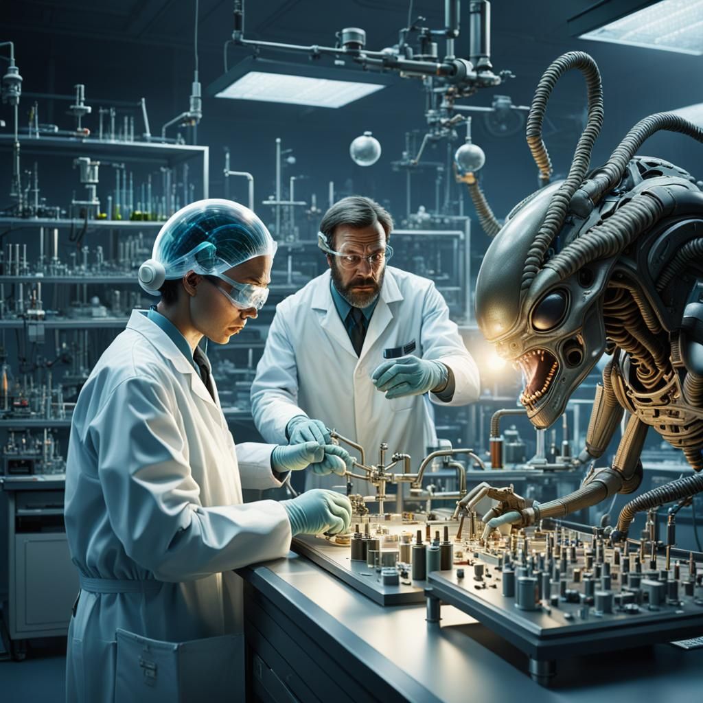 "captures the intensity of a laboratory scene where scientists, doing ...