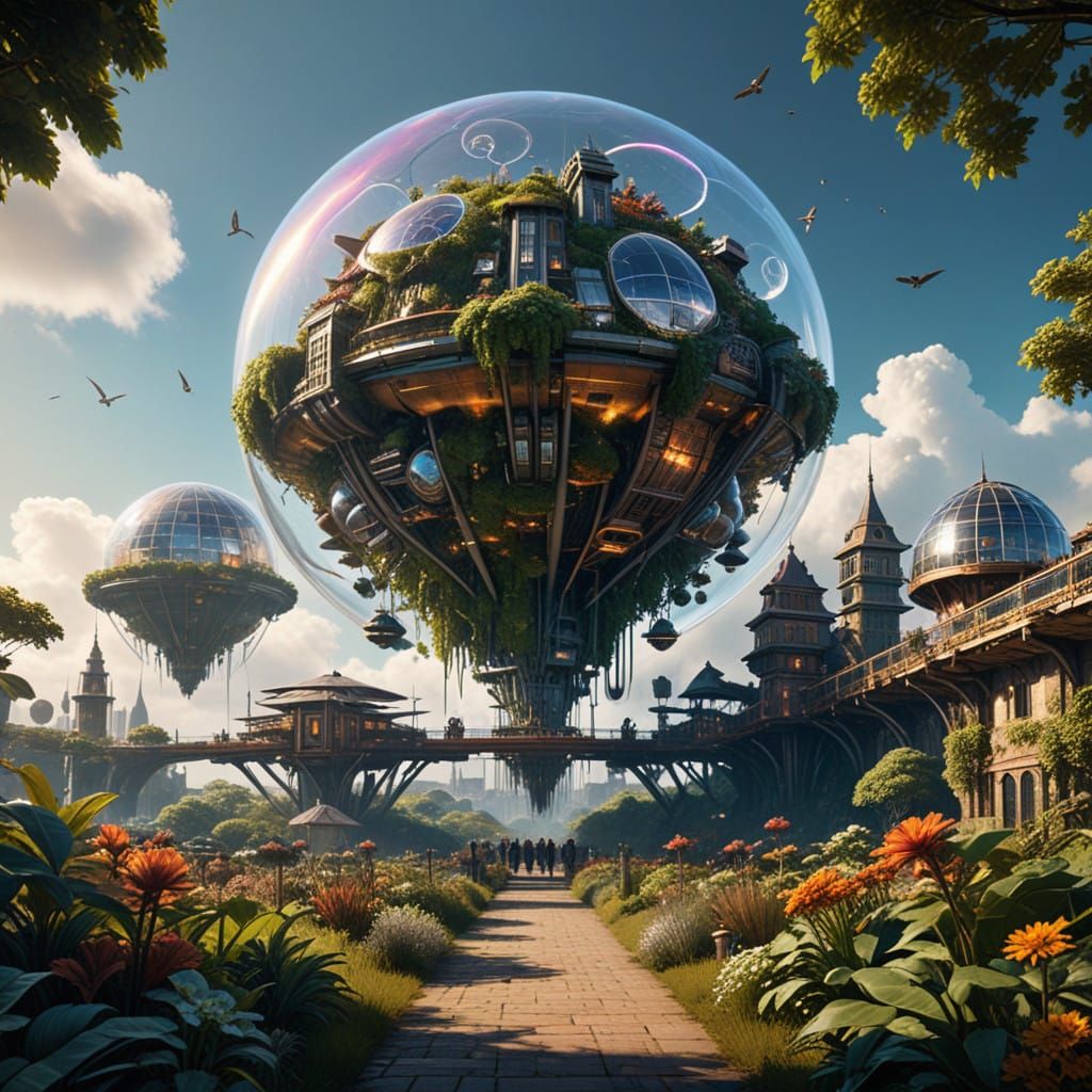 A biosphere/spaceship, tended by biomechanics, solarpunk city, airships, futuristic, high ...