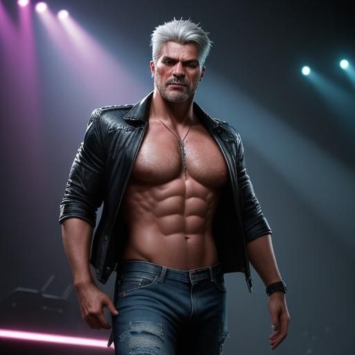 "Visualize a captivating waist-up portrait of a shirtless, muscular ...