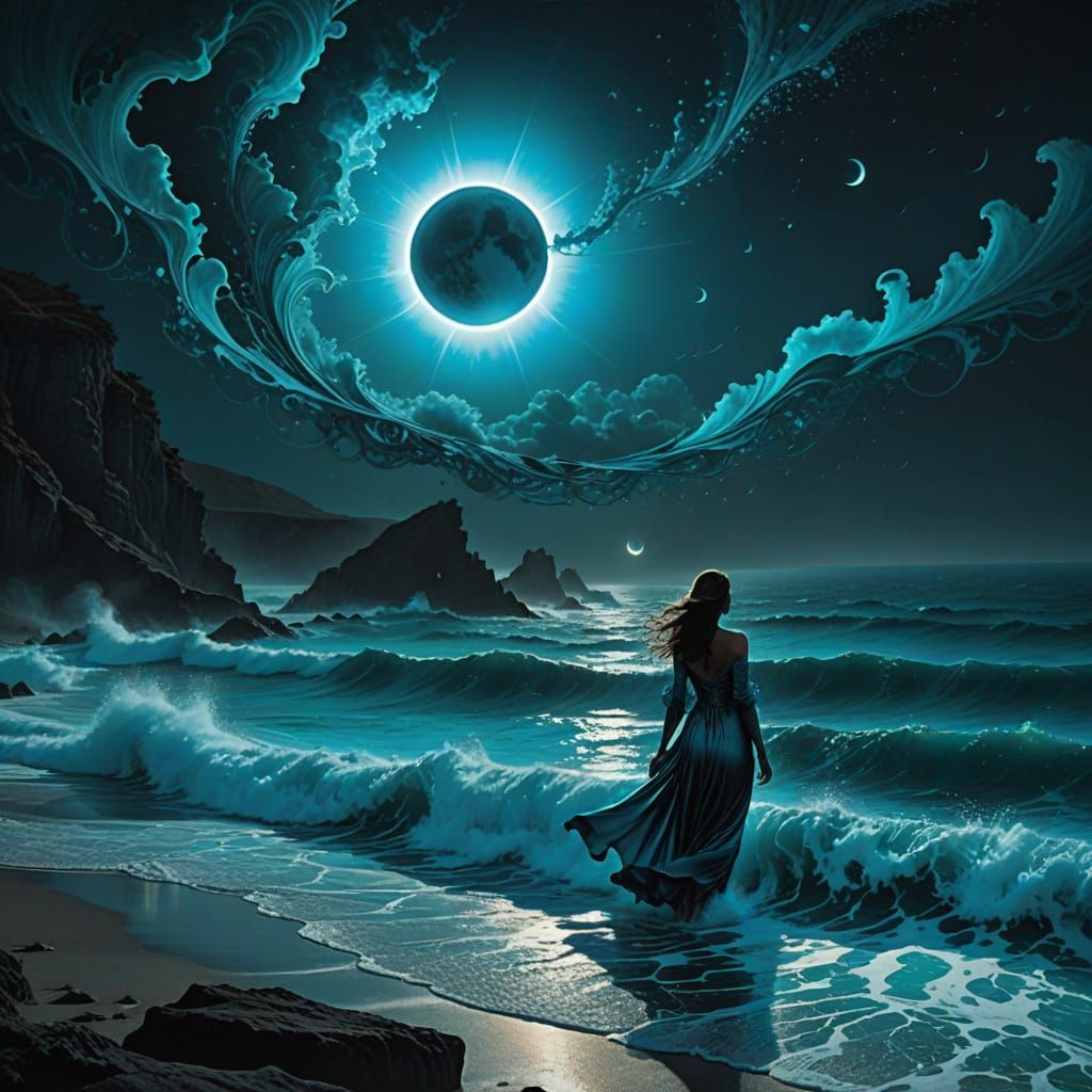 Surreal Eclipse Goddess in Exotic Attire - AI Art