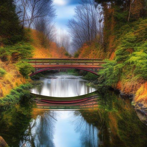 a beautiful bridge opens over a calm river intricate details, HDR ...