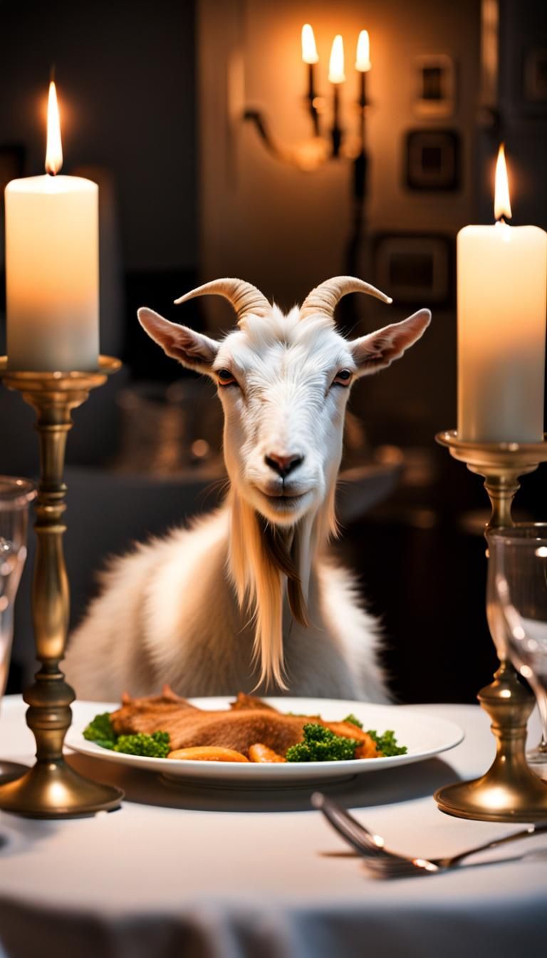 photobombing of a goat at a candle light dinner of two cats. cats look ...