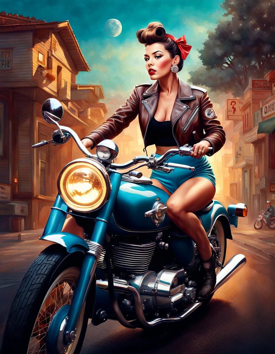 Vintage pinup on motorcycle - AI Generated Artwork - NightCafe Creator