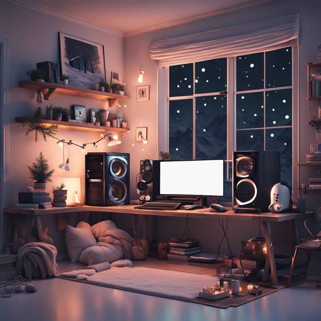 Whimsical computer gaming set up. Cosy winter evening vibes. - AI ...