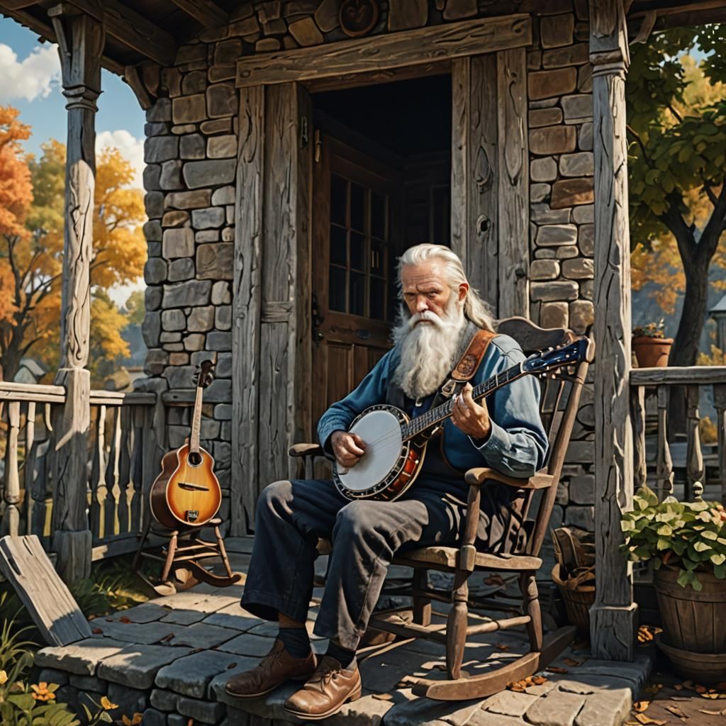 old man with a long white beard sitting in a rocking chair on the porch ...