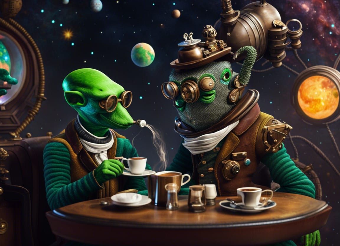 Steampunk aliens having coffee in space - AI Generated Artwork ...