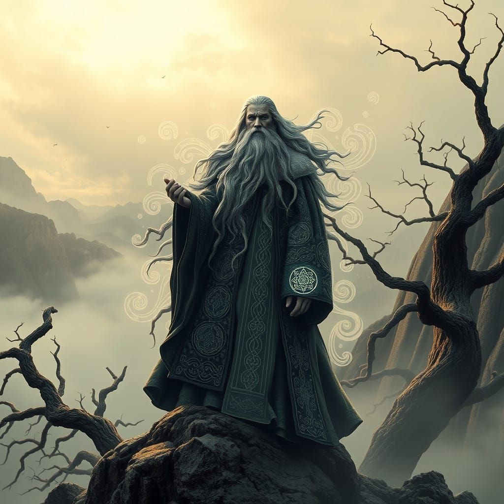 Ethereal Celtic Bard Amidst Ancient Trees and Apoc... - AI Art
