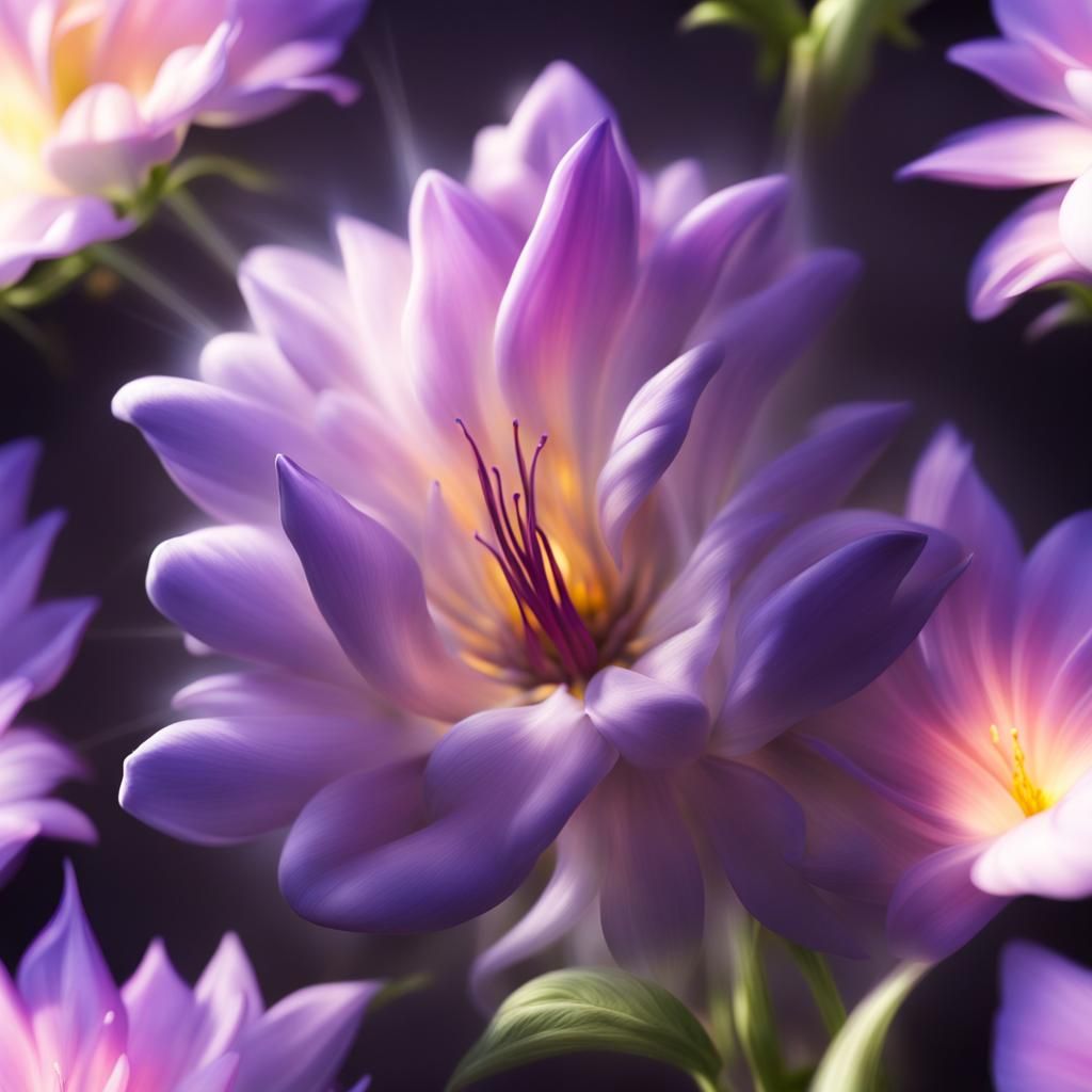 A hyper-realistic flower with violet colored flames rising from it ...