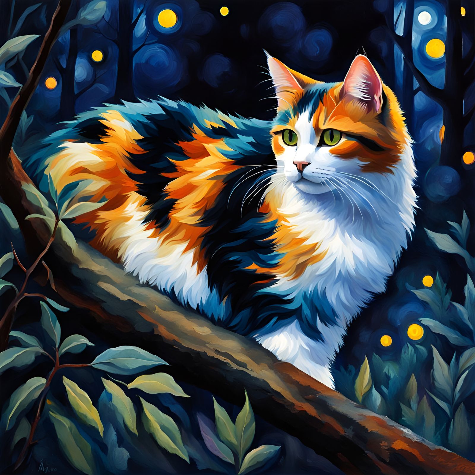 Calico Cat at Night - AI Generated Artwork - NightCafe Creator