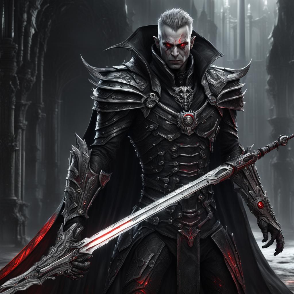 male vampire black armor sci fi, silver laser sword. luis royo style ...